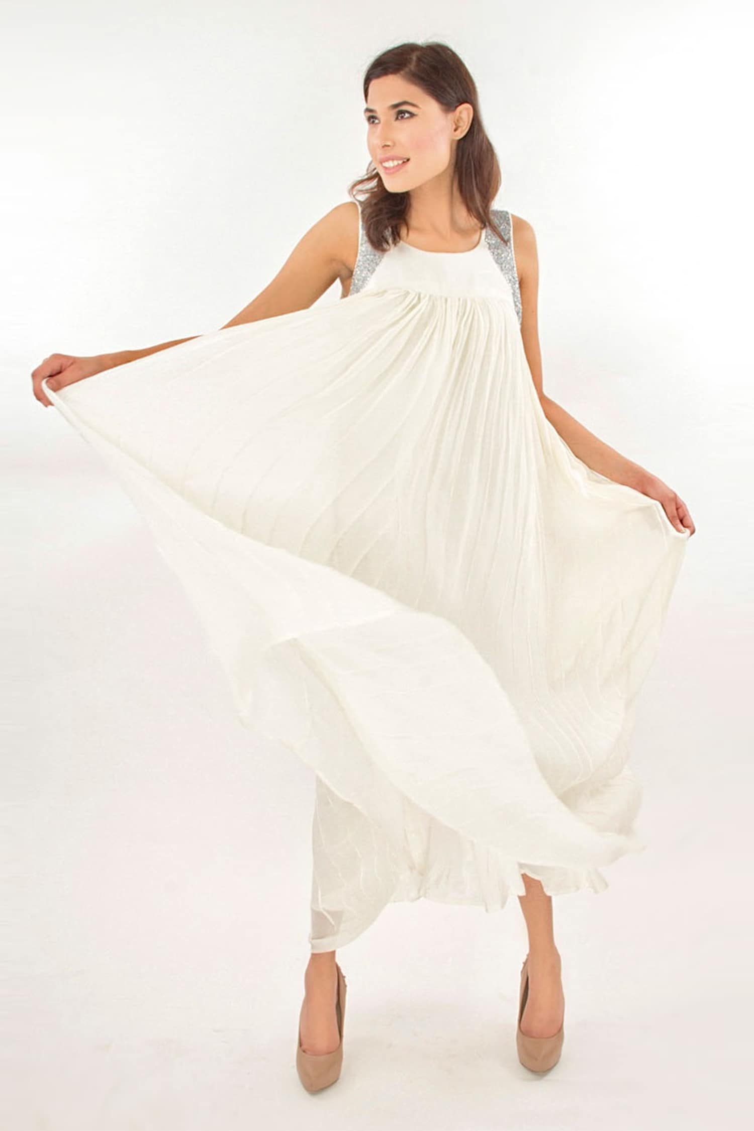 Buy Ivory Cupro Georgette Plain Round Neck Pintuck Dress For Women by ...