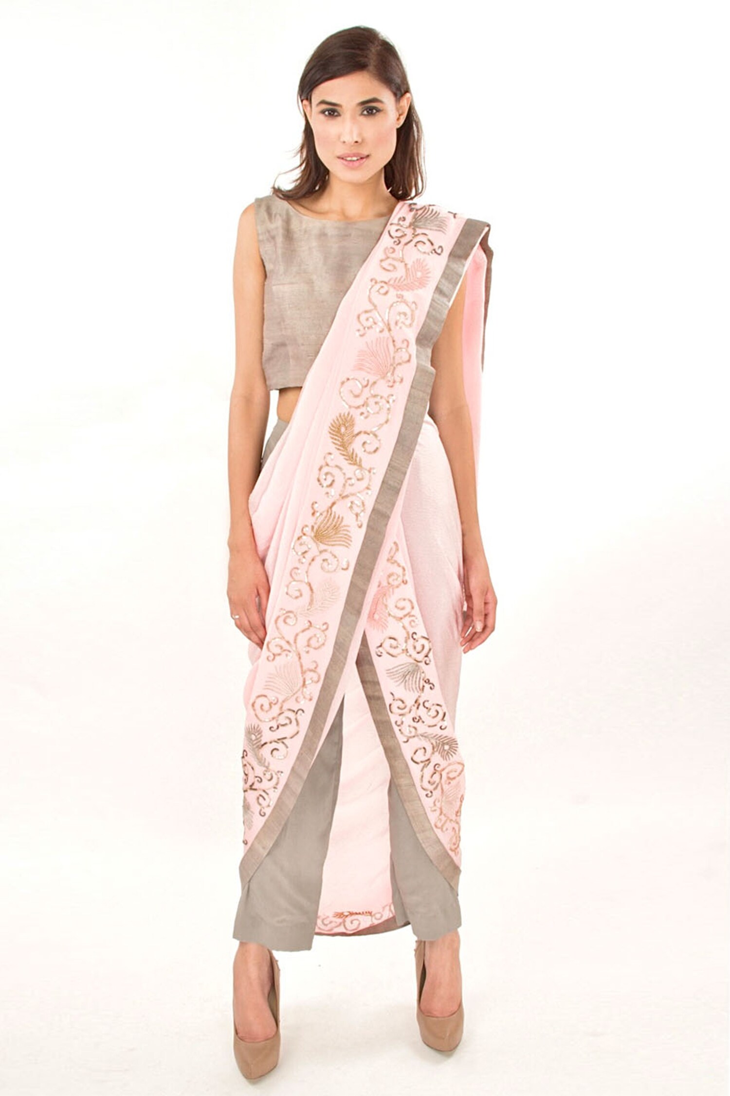 Buy Jasmine Bains Pink Silk Chiffon Trouser Set With Saree Drape Online ...