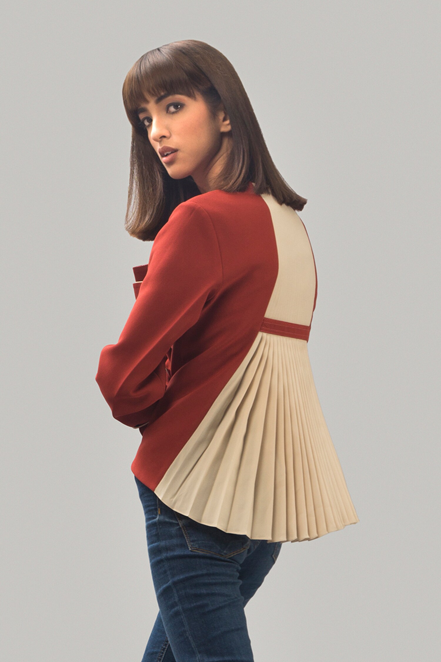 Buy Chillosophy Orange European Crepe Short Jacket Online | Aza Fashions