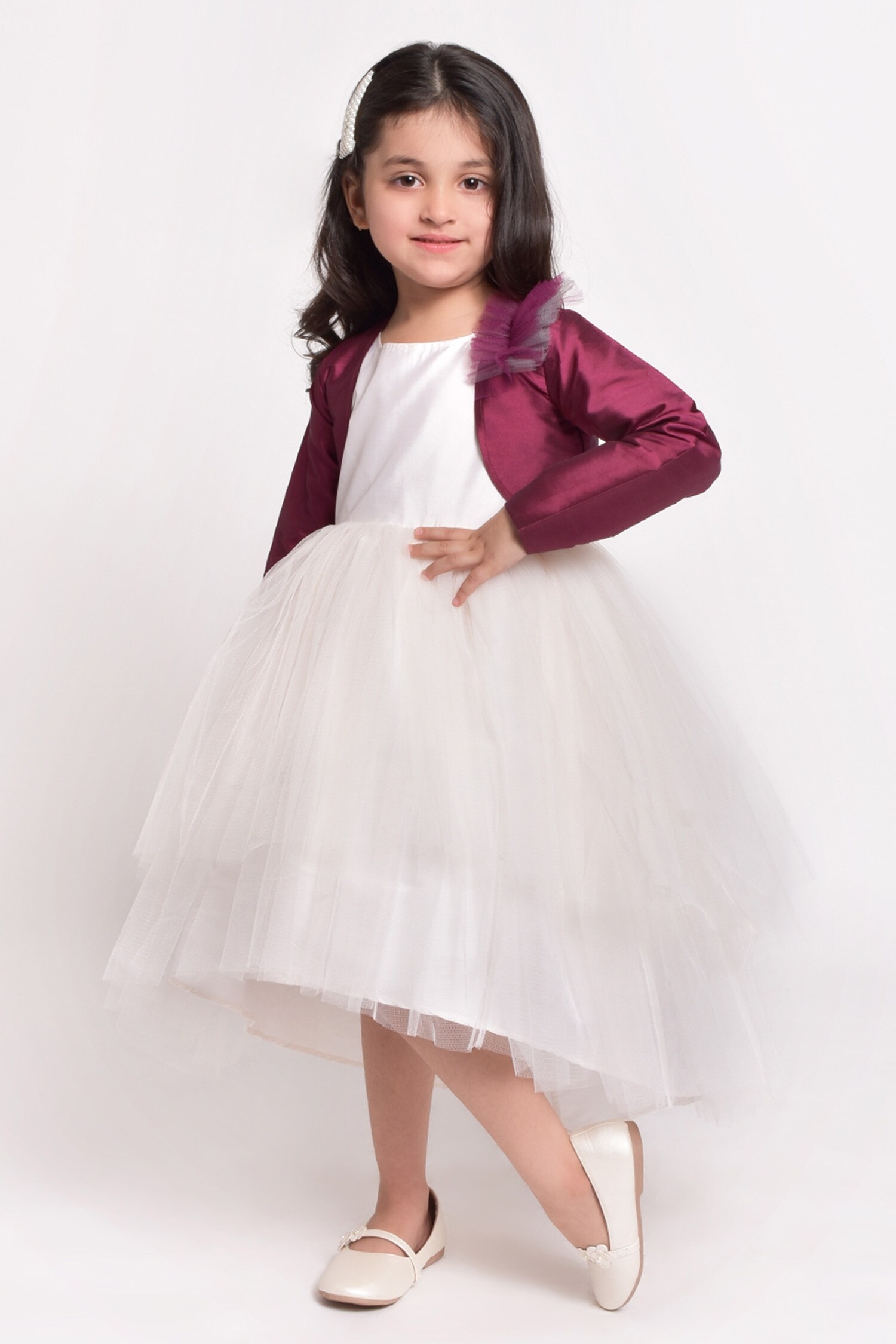 Buy Jelly Jones White Ruffle Net Gown And Shrug Set For Girls Online ...