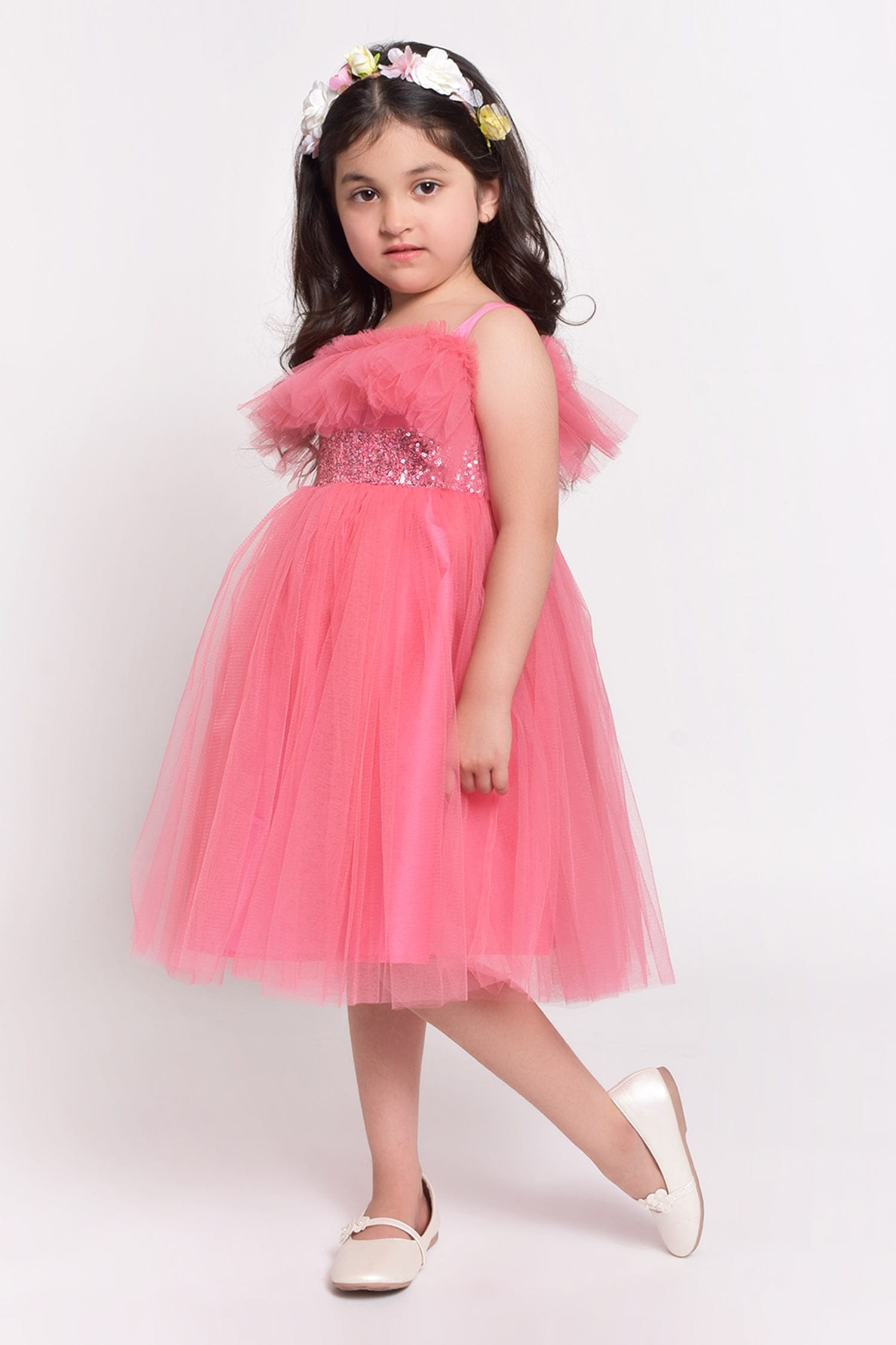 Buy Jelly Jones Pink Cold Shoulder Net Dress For Girls Online | Aza ...