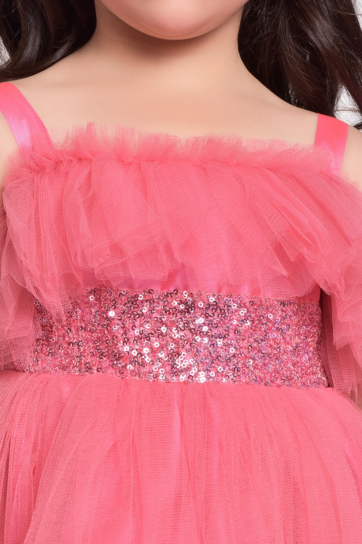 Buy Jelly Jones Pink Cold Shoulder Net Dress For Girls Online | Aza ...