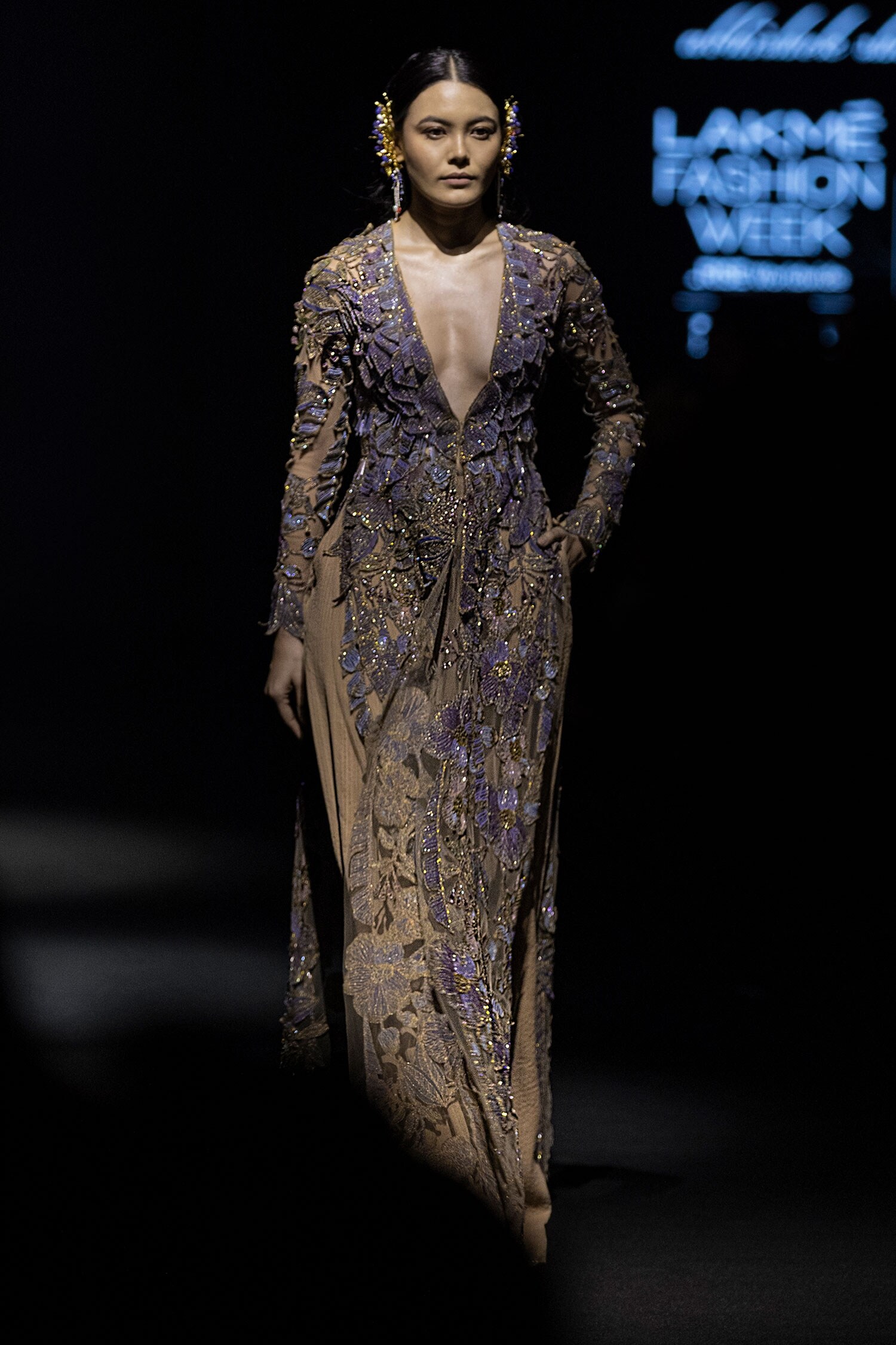 Buy Blue Net Embroidered Metal Thread Work Jacket Deep V Neck Pant Set ...