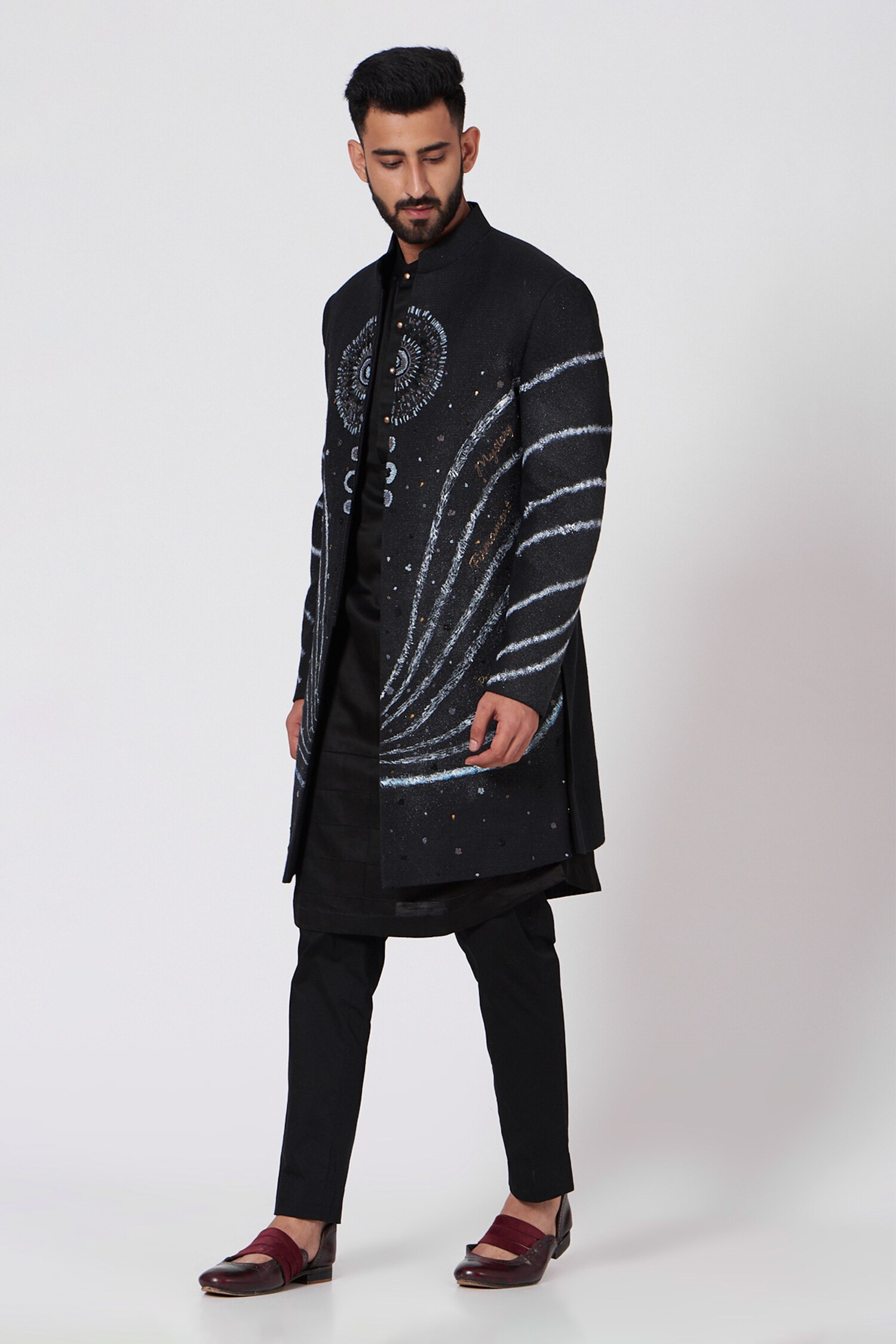 Buy Jatin Malik Black Matka Silk Hand Painted Jacket And Kurta Set ...