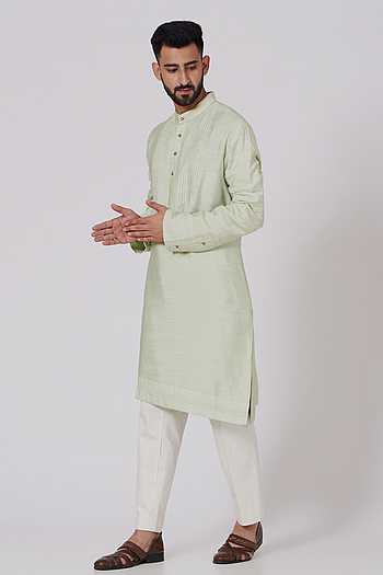 Buy Jatin Malik Green Slub Silk Pintucks Kurta And Pant Set Online ...
