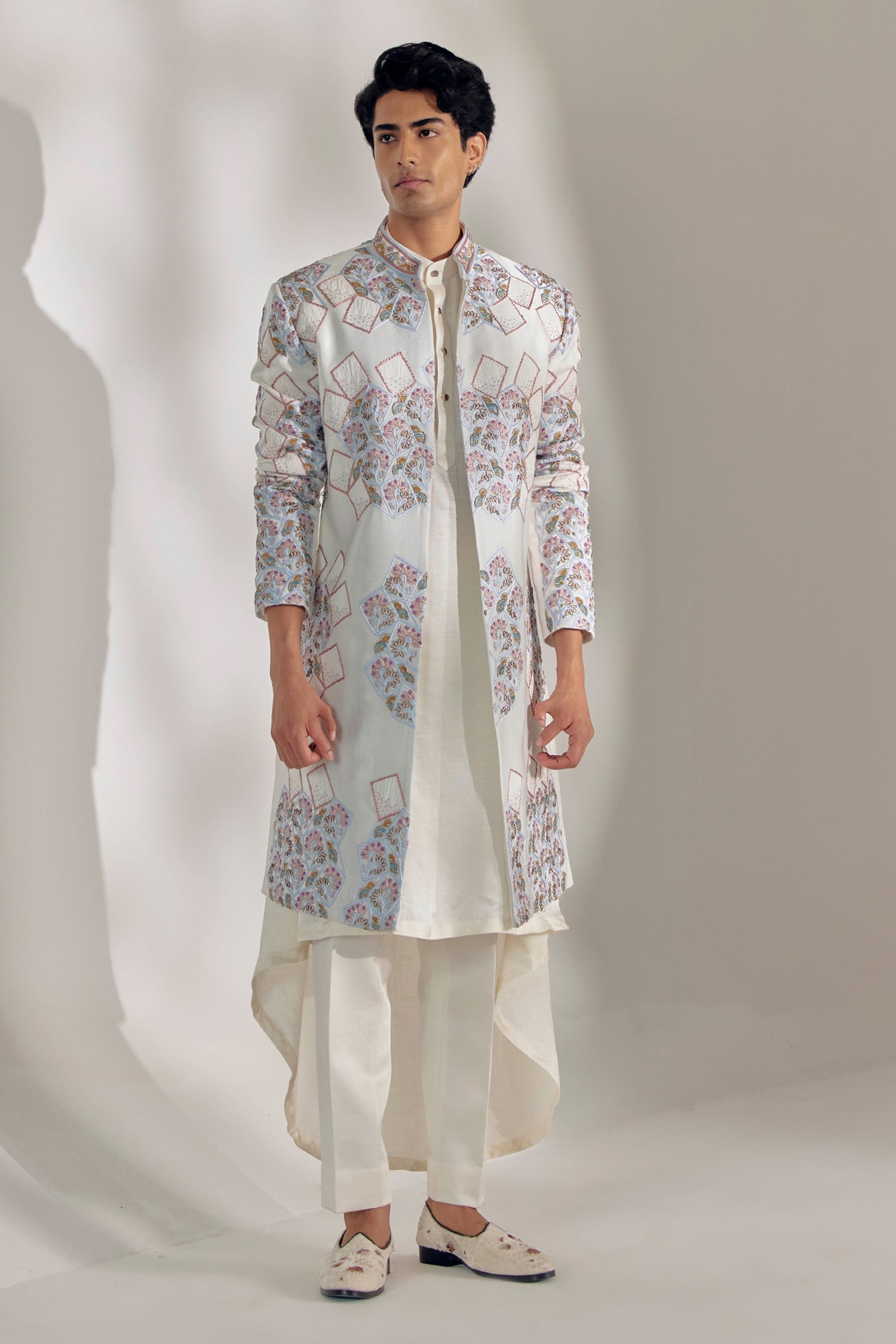 Buy Ivory Linen Silk Embroidered Floral Front Open Sherwani Set For Men ...