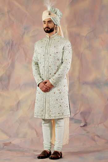 Buy Jatin Malik Blue Linen Silk Embroidered Sherwani Set Online | Aza ...