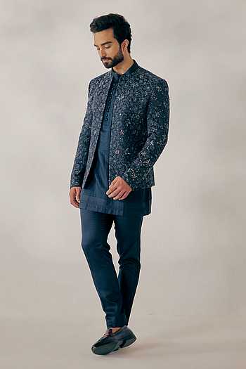 Buy Blue Linen Silk Embroidered Floral Jacket And Pant Set For Men by ...