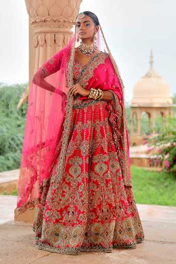 Buy Jigar Mali Fuchsia Pure Dupion Silk Zardozi Embroidered Lehenga Set ...