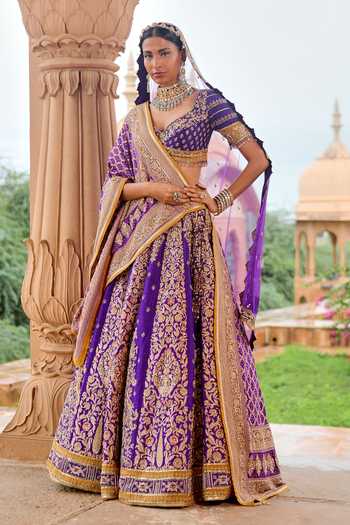 Buy Jigar Mali Purple Butterfly Net Floral Embroidered Lehenga Set ...