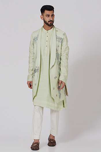 Buy Green Slub Silk Embroidered Jacket And Pant Set For Men by Jatin ...