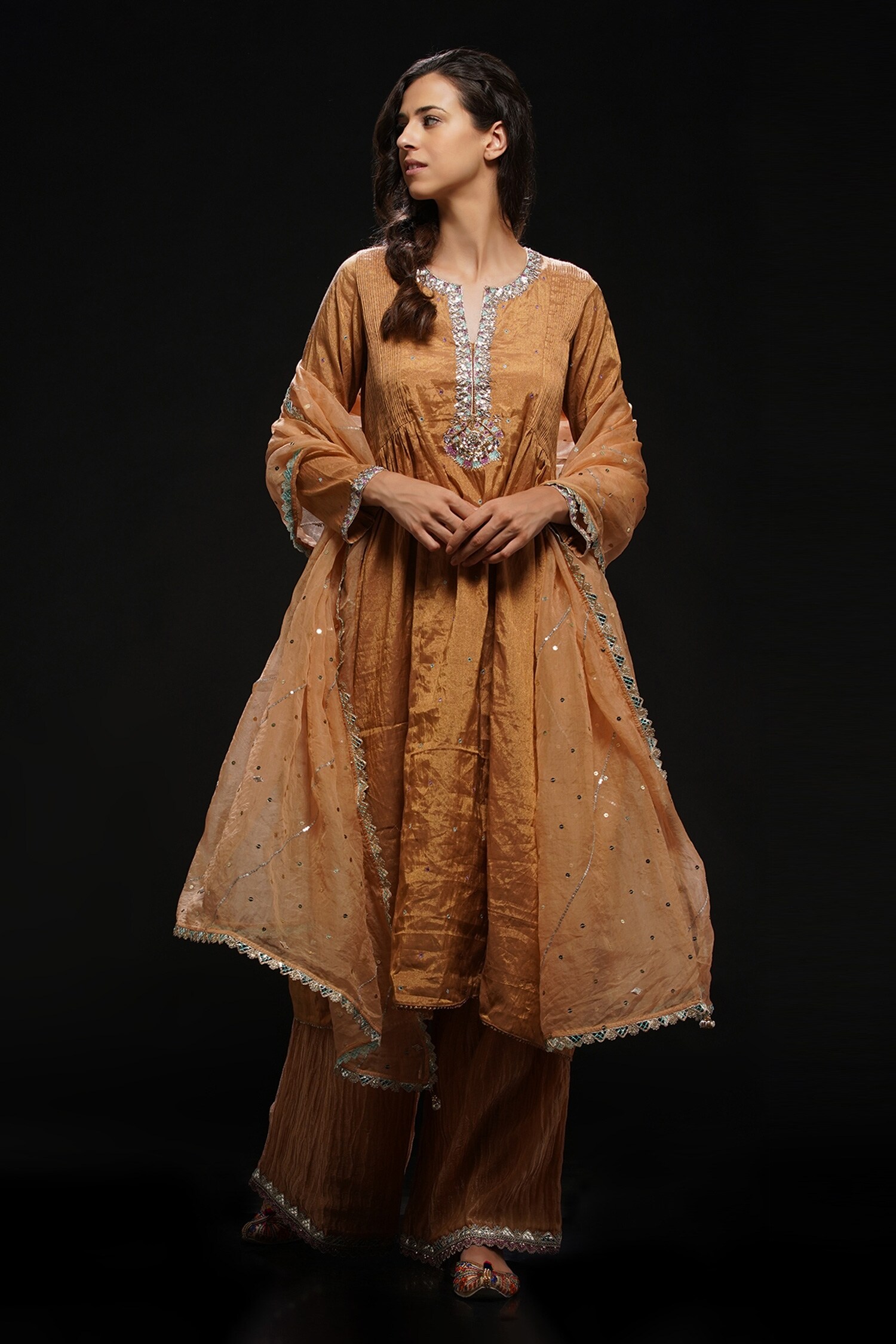 Buy Aditya Sikand Peach Cotton Pleated Anarkali Palazzo Set Online ...