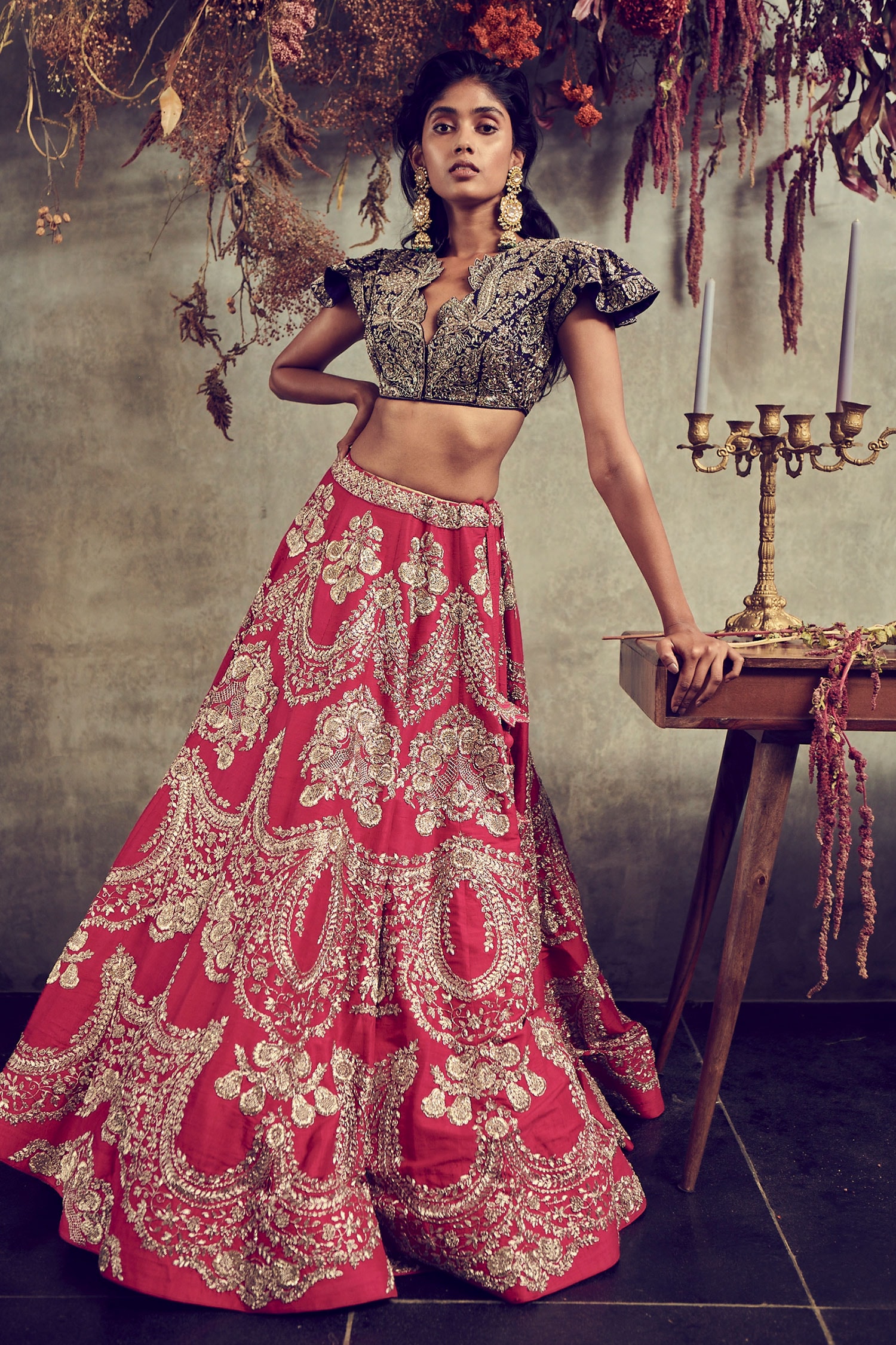 Buy Blue Raw Silk V Neck Embroidered Lehenga Set For Women by JAYANTI ...