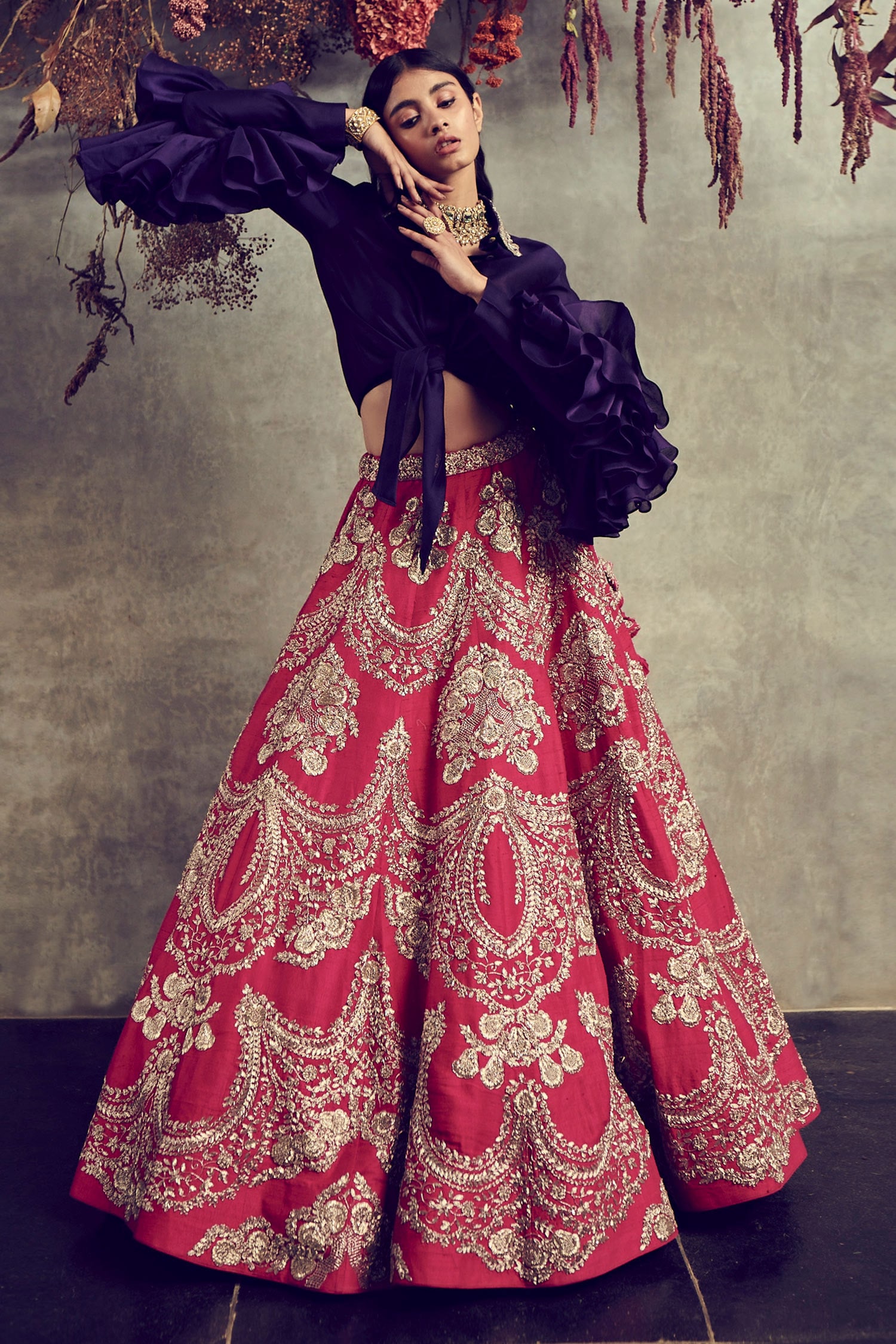 Buy JAYANTI REDDY Blue Silk Ruffle Blouse And Lehenga Set Online | Aza ...