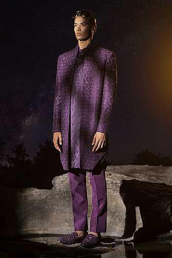 Buy Purple Pure Silk Hand Embroidered Thread Work Jacket Kurta Set For ...