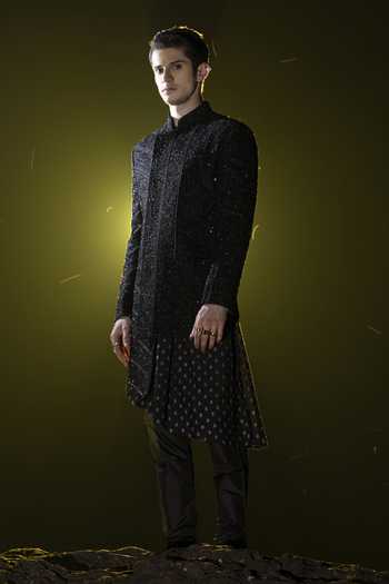 Buy Jayesh Shah Black Polyester Asymmetric Embroidered Sherwani Kurta ...