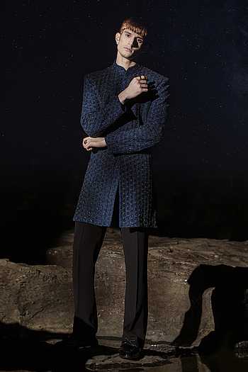 Buy Jayesh Shah Blue Silk Embroidered Sherwani And Pant Set Online ...