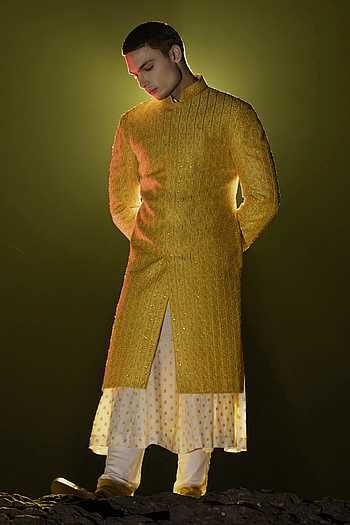 Buy Yellow Pure Silk Hand Embroidered Thread Floral Sherwani Set For ...