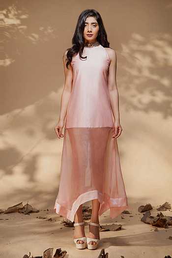 Buy Peach Chanderi High Neck Sheer Dress For Women by JYOTI SACHDEV ...