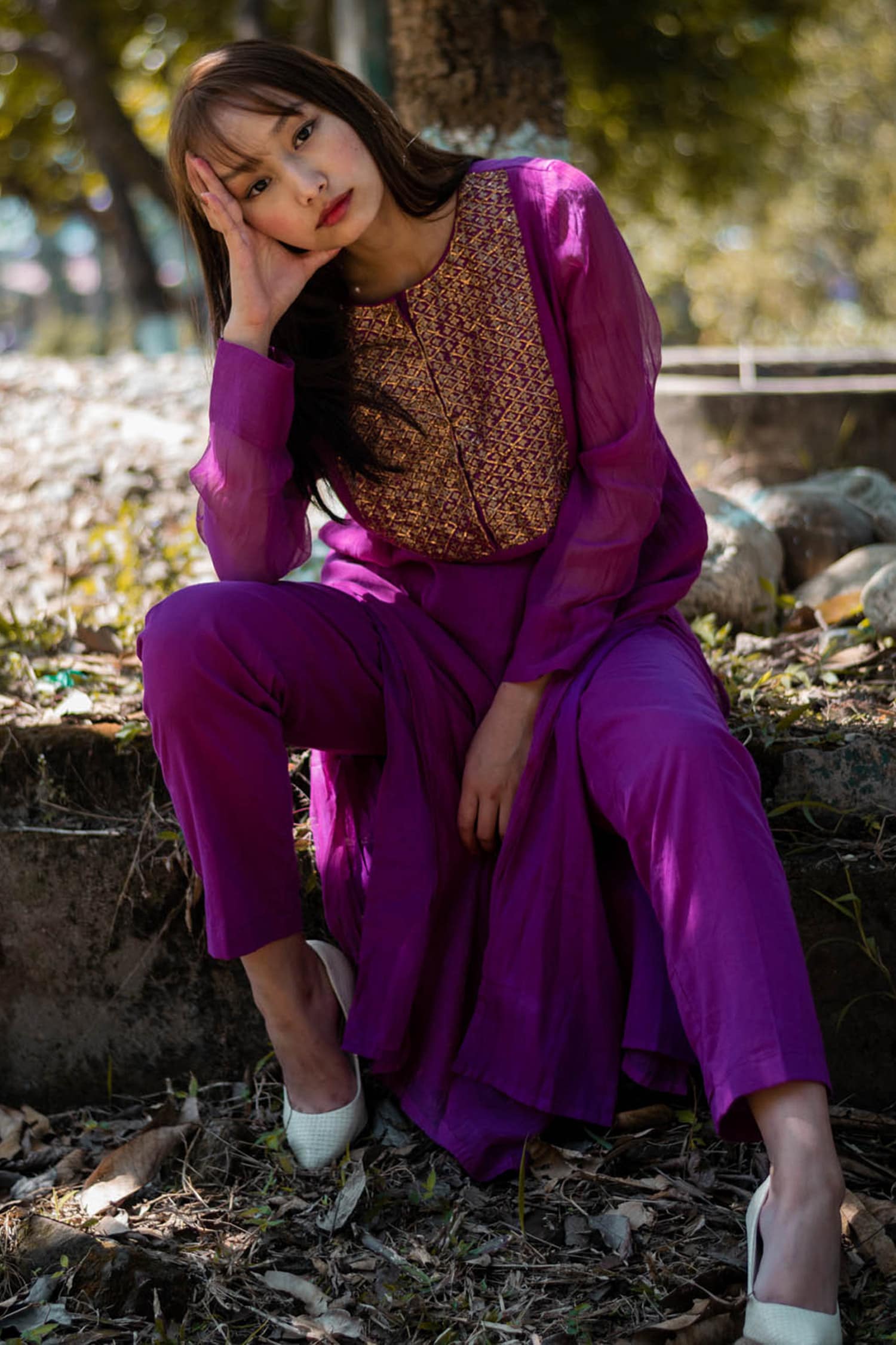 Buy Purple Handwoven Chanderi; Lining: Handloom Cotton Kurta And Pant ...