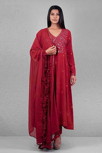 Buy Red Handloom Cotton V Neck Embroidered Anarkali Set For Women by ...