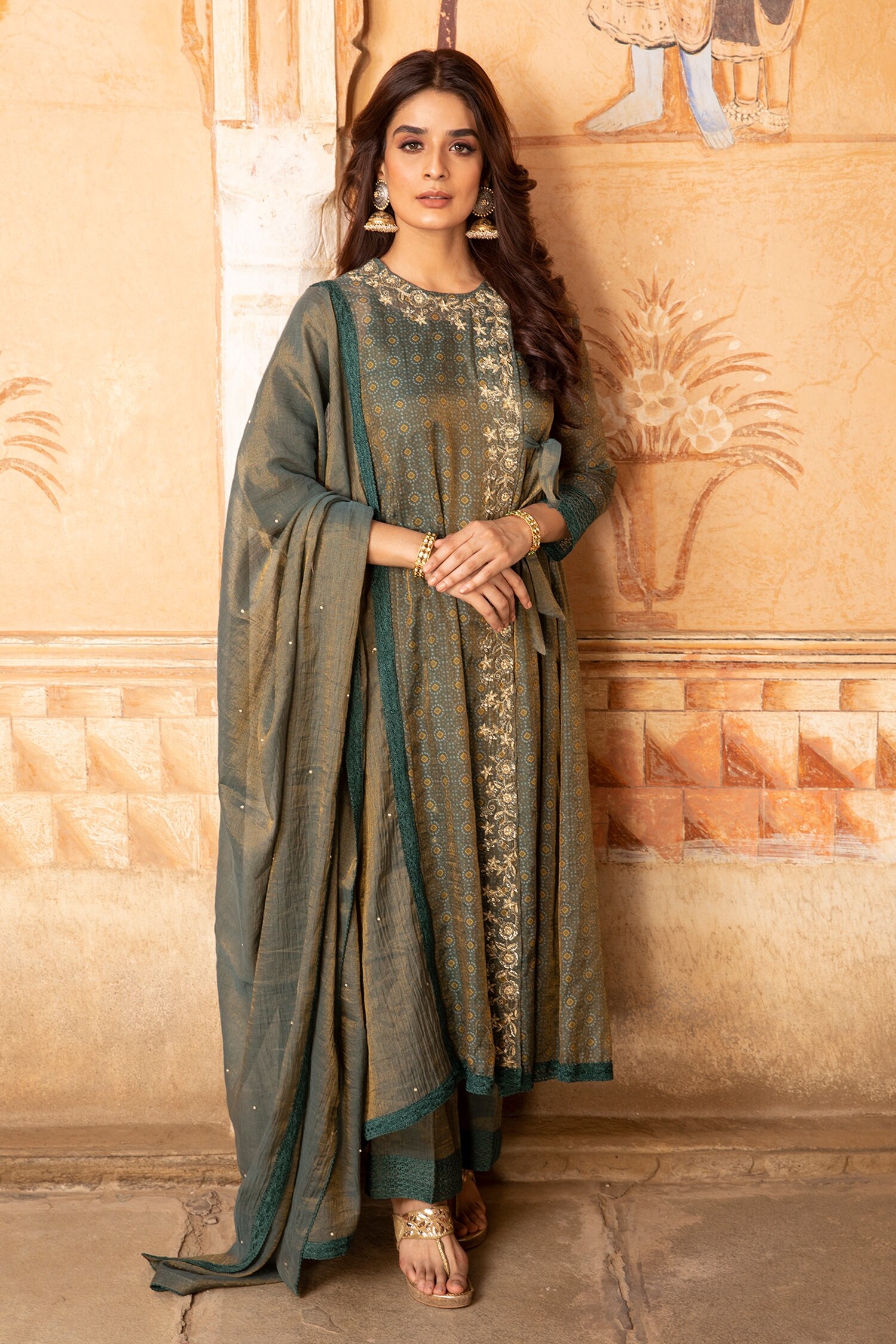 Buy Blue Tissue Chanderi Embroidered Round Angarkha Set For Women by ...