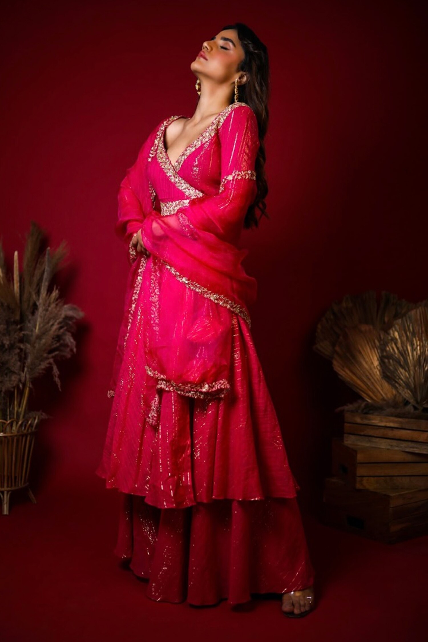 Buy Fuchsia Zari Cotton Fabric Embroidered Surplice Neck Angarkha Set ...