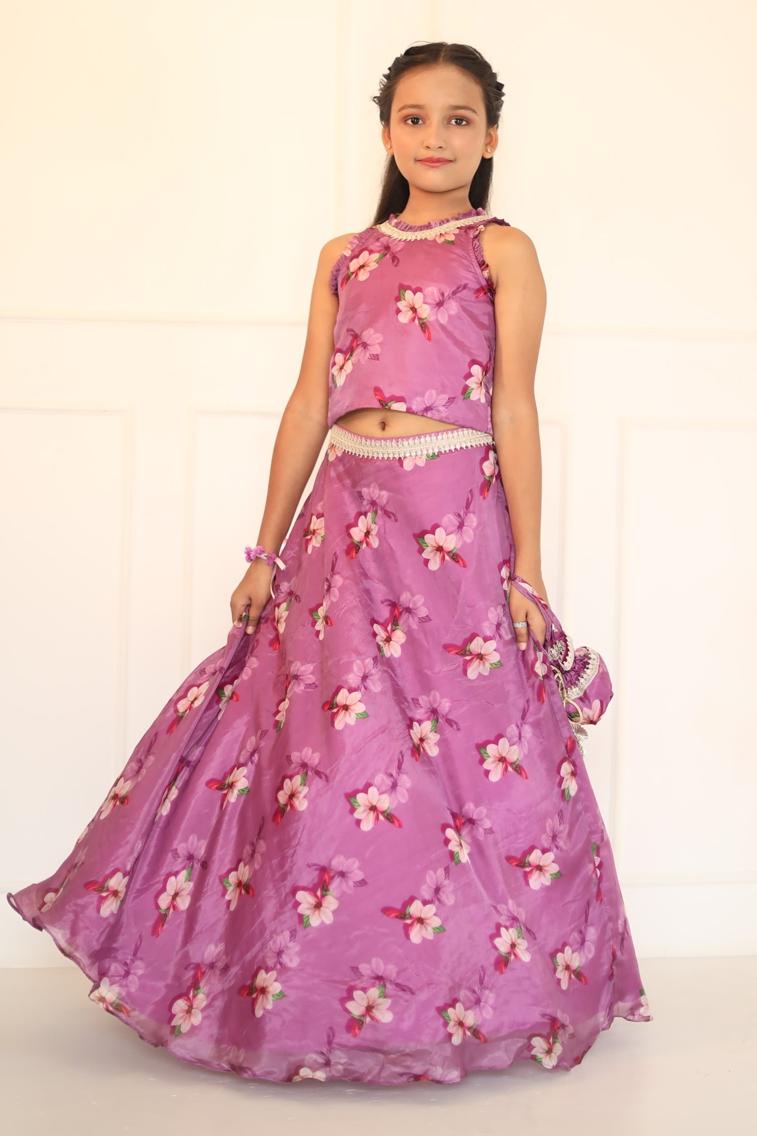 Buy Purple Satin Organza Printed Floral Pattern Crop Top And Lehenga ...