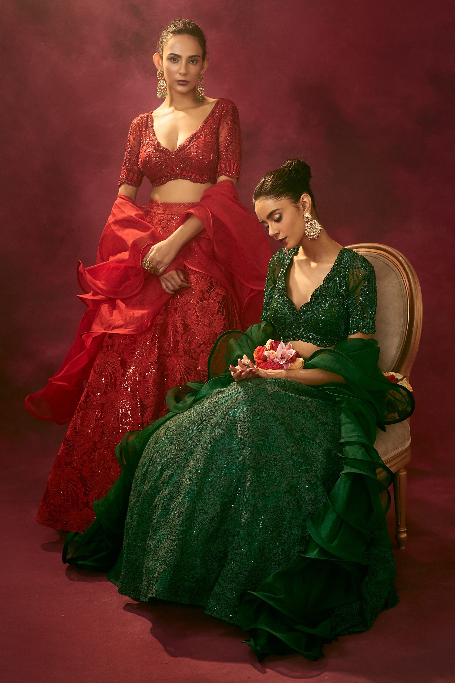 Buy Kaaisha by Shalini Red Lace Lehenga Set Online | Aza Fashions