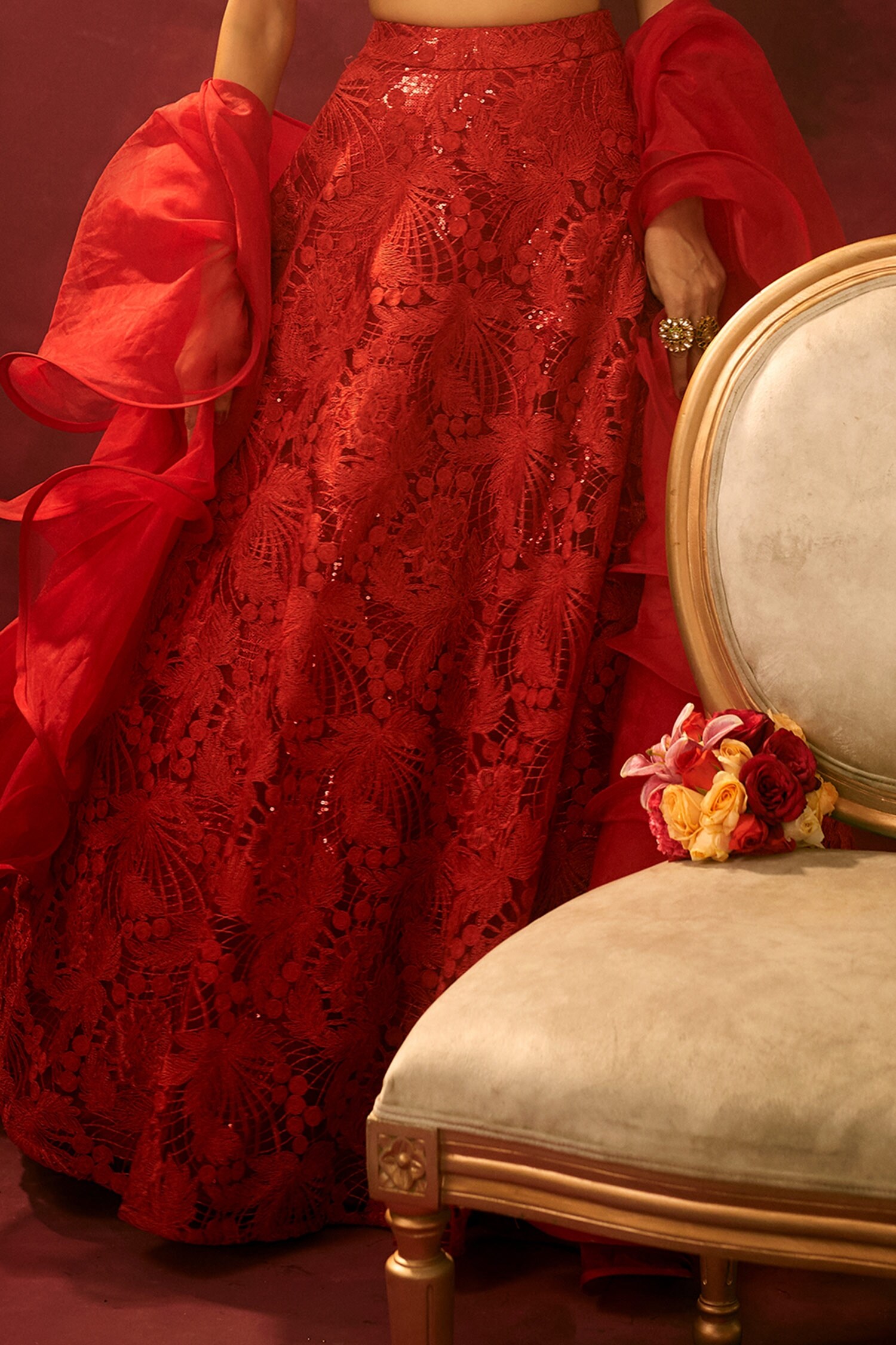 Buy Kaaisha by Shalini Red Lace Lehenga Set Online | Aza Fashions