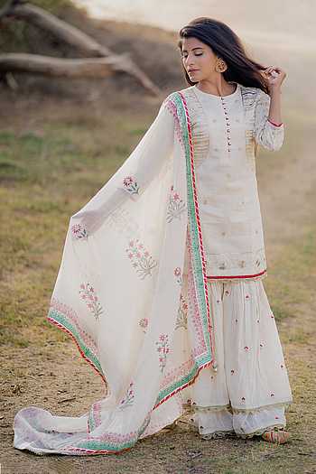 Buy White Cotton Mul Round Embroidered Kurta Sharara Set For Women by ...