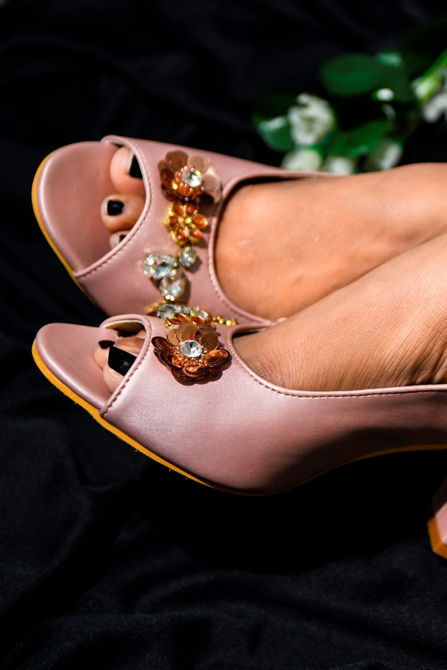 Buy Pink Embellished Iris Ankle Strap Block Heel Peep Toes by Kaltheos ...