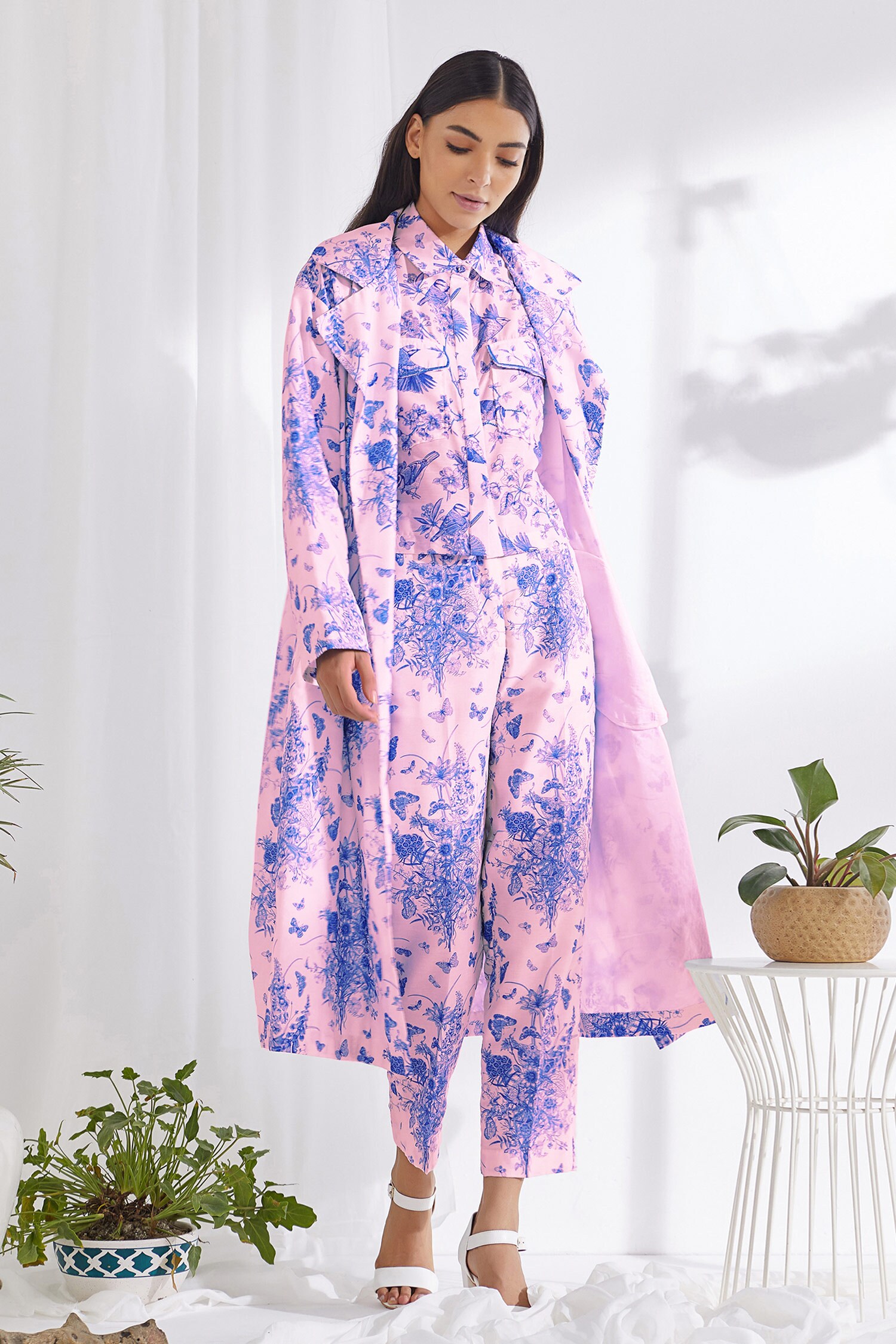 Buy Pankaj & Nidhi Blue Cotton Silk Floral Print Pant Online | Aza Fashions