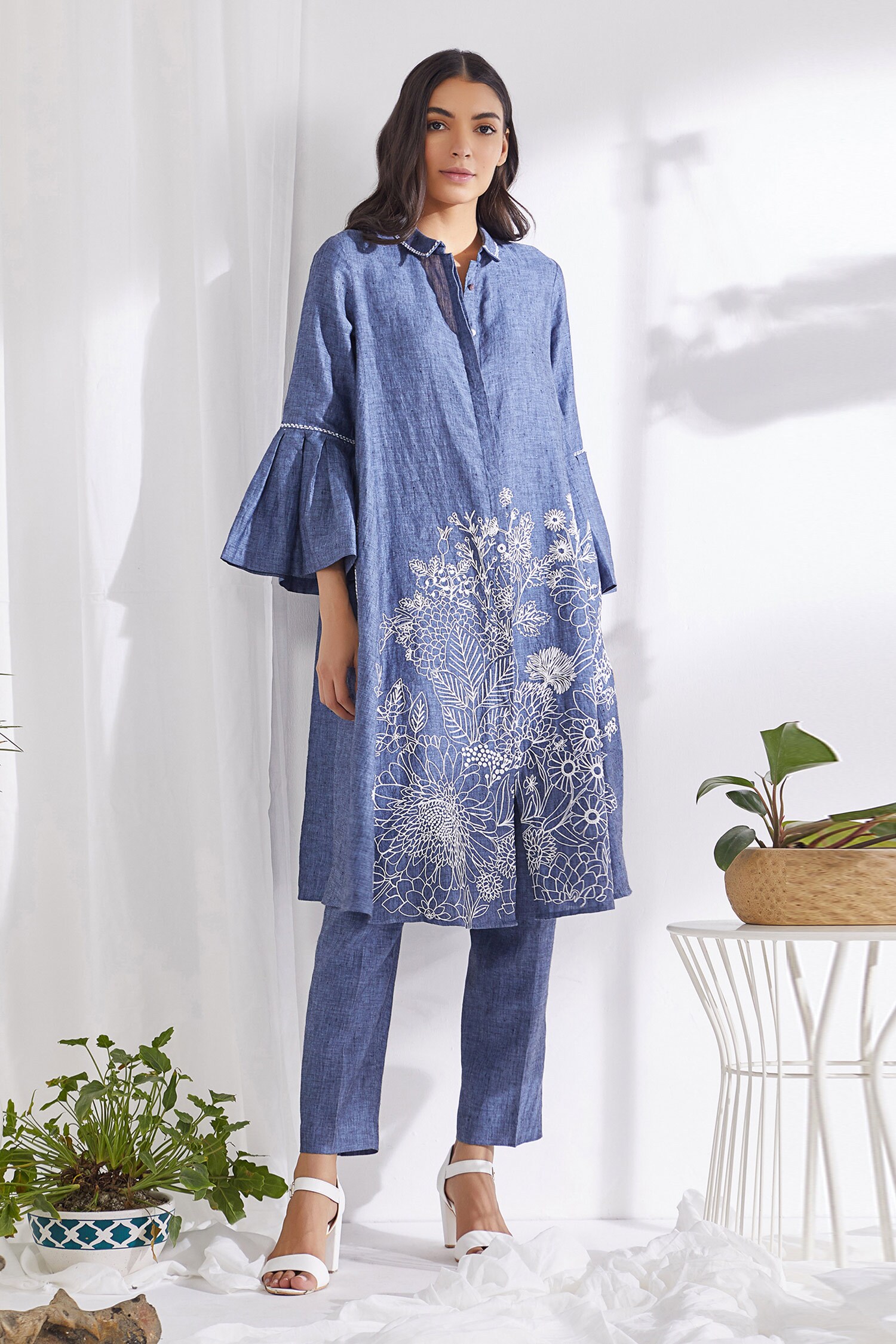 Buy Pankaj & Nidhi Blue Linen Pant Online | Aza Fashions