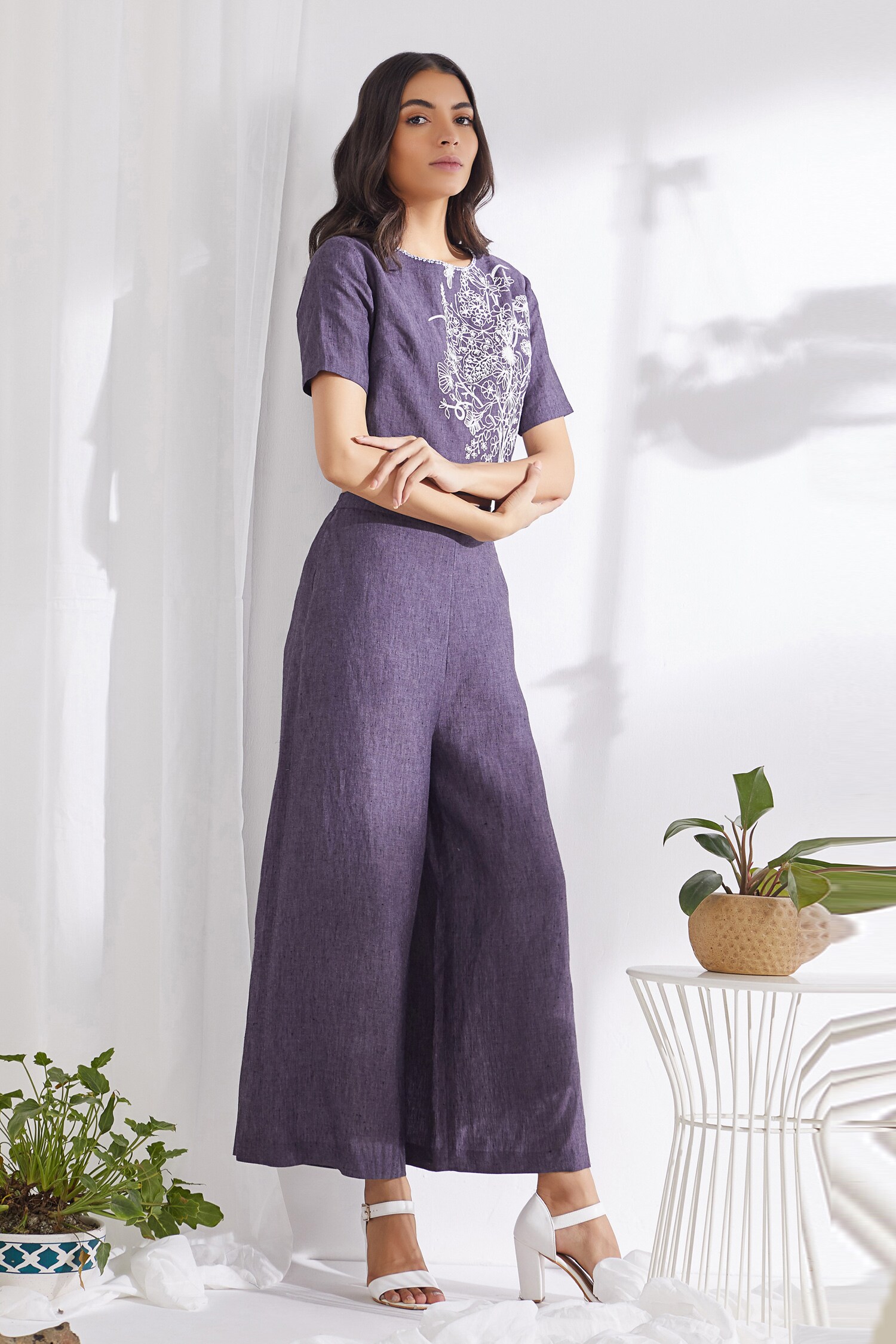 Buy Pankaj & Nidhi Blue Linen Palazzo Pant Online | Aza Fashions