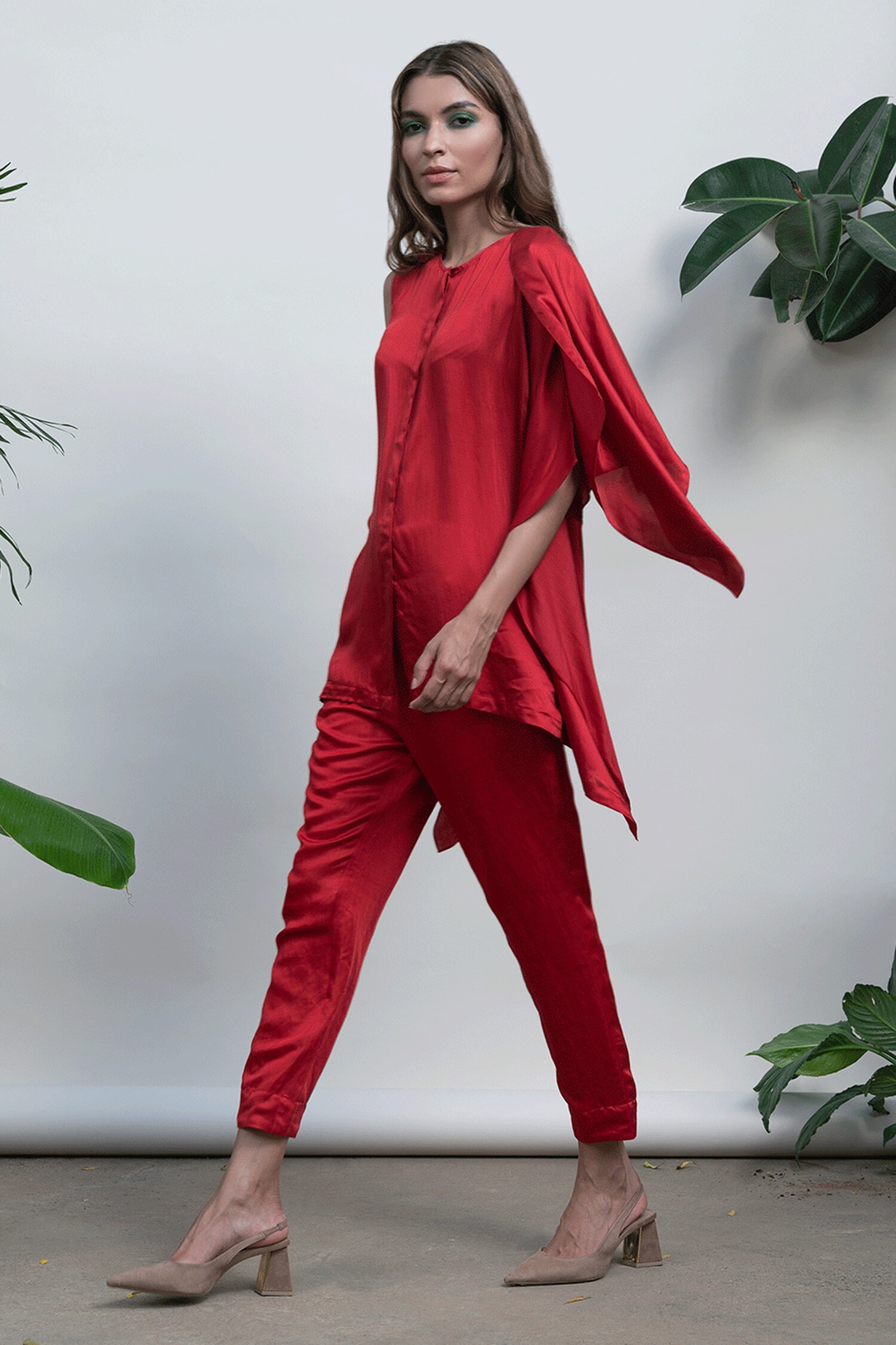 Buy Red Modal Satin Round Georgia Draped Top For Women by Kanelle ...