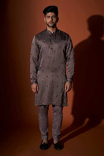 Buy Grey Satin Linen Embroidered Tassel Kurta And Pant Set For Men by ...