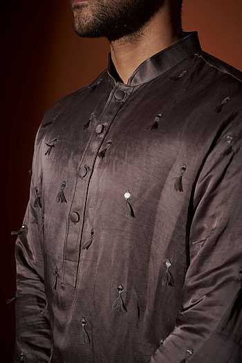 Buy Kaaj Button Grey Satin Linen Kurta And Pant Set Online | Aza Fashions
