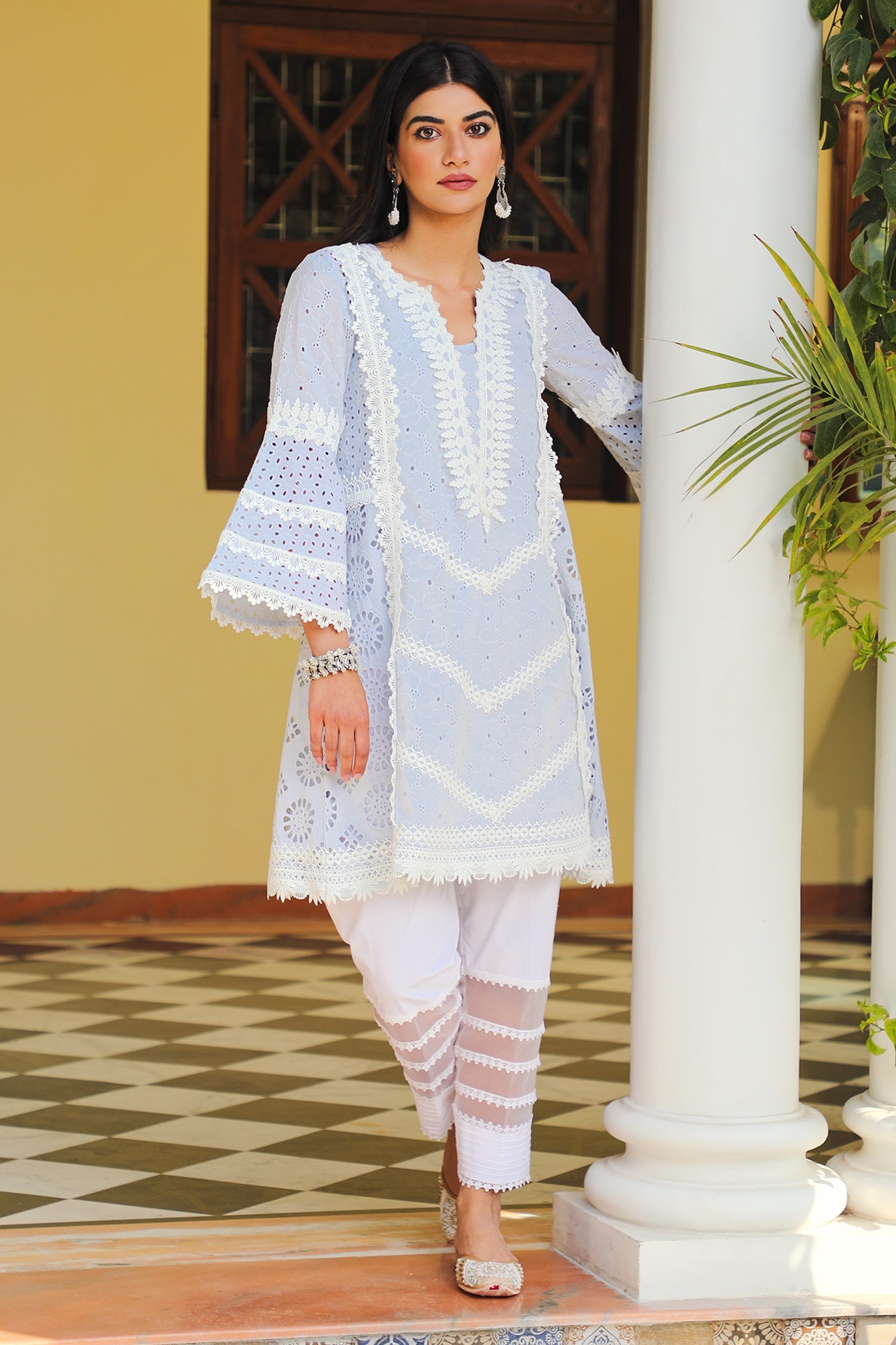 Buy Enaarah Blue Azure Scallop Cotton Kurta Online | Aza Fashions