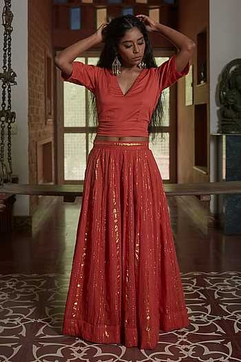 Buy Orange Silk Chanderi V Neck Organic Dyed Lehenga Set For Women by ...