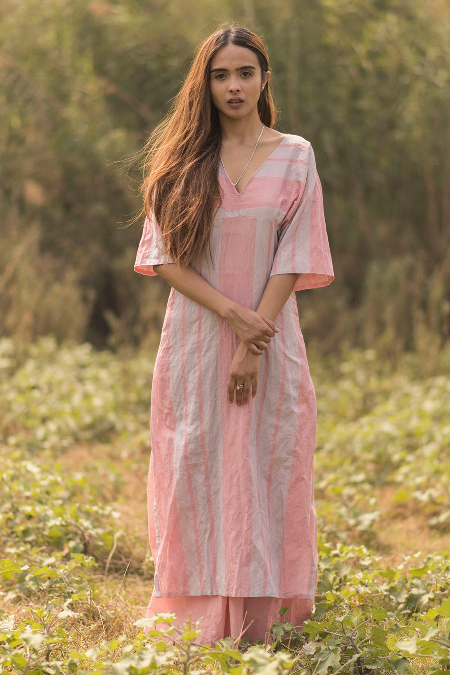 Buy Pink Kaftan Tunic Handwoven Zari Cotton Stripes V Keya And Palazzo ...