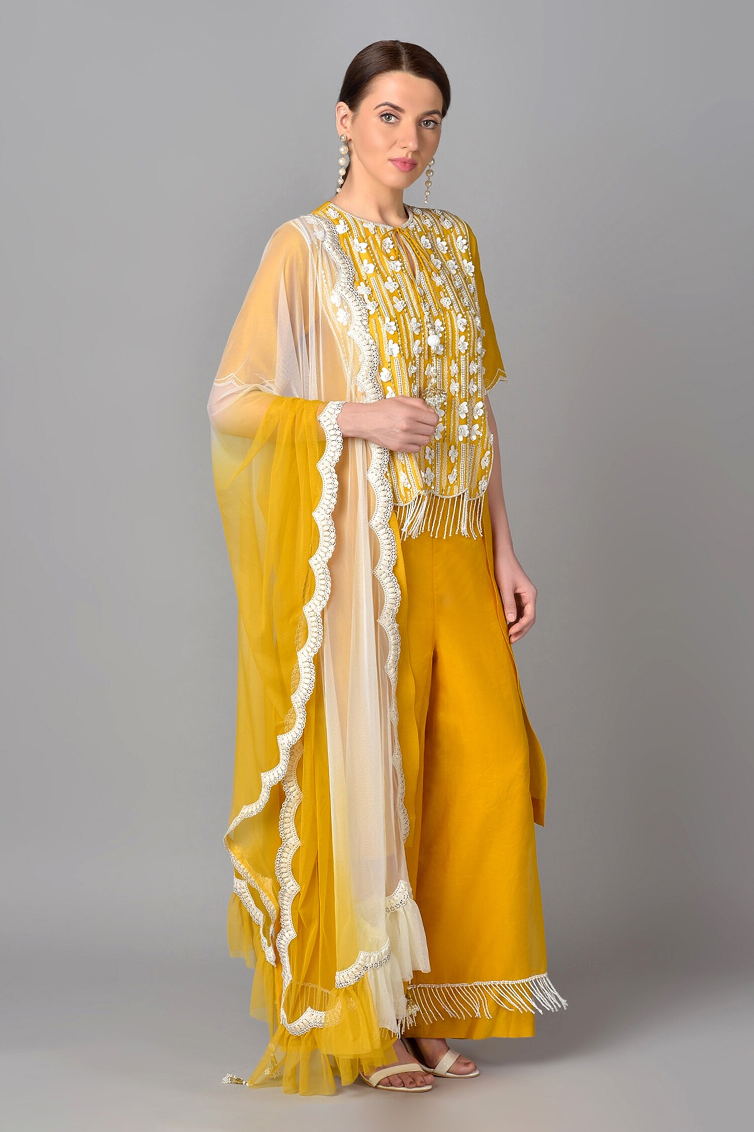 Buy Yellow Cotton Silk Round Embroidered Tunic Set For Women by Keith ...