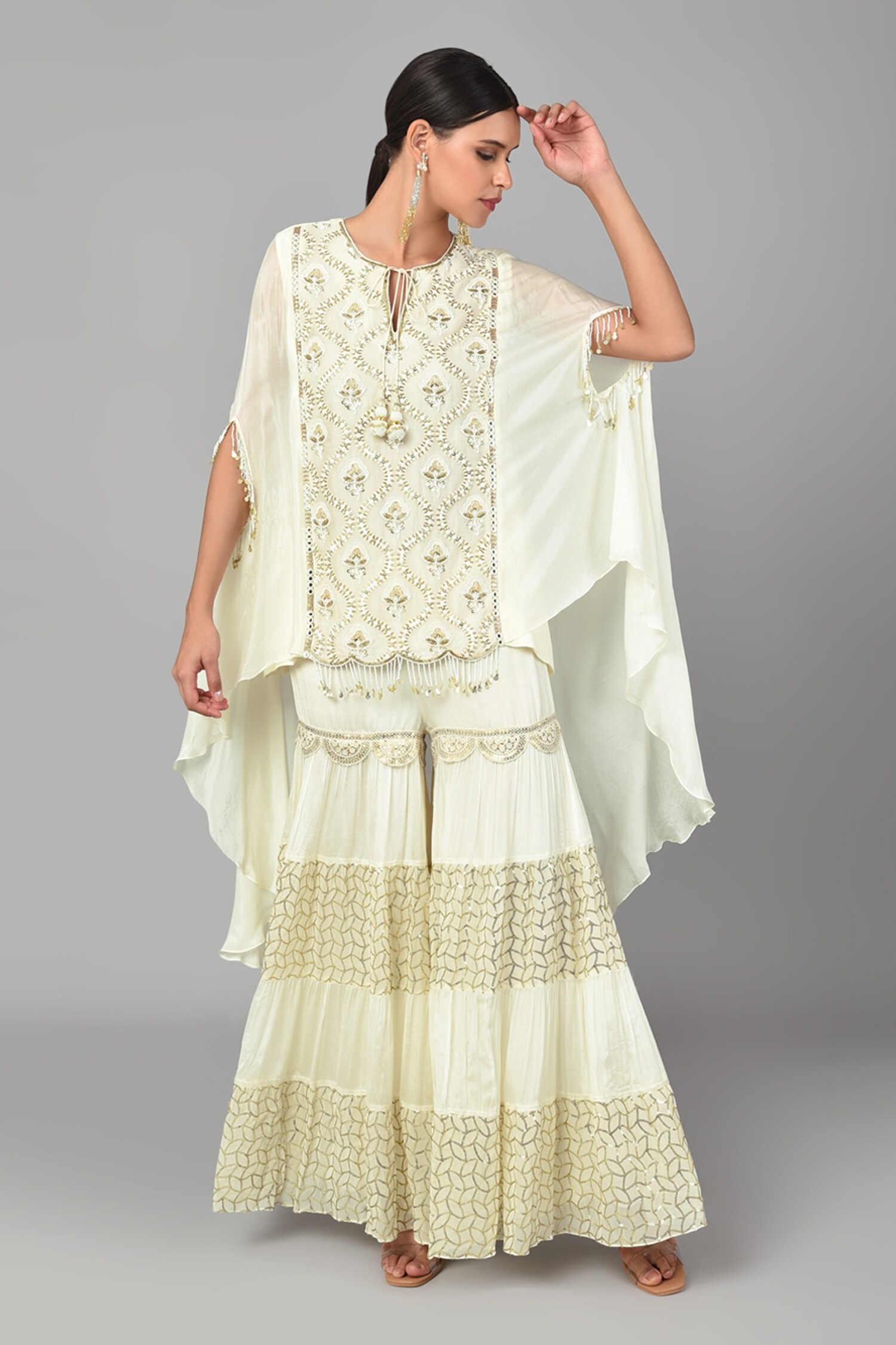 Buy White Chiffon Crepe And Georgette Embellishment Bugle Tunic With ...