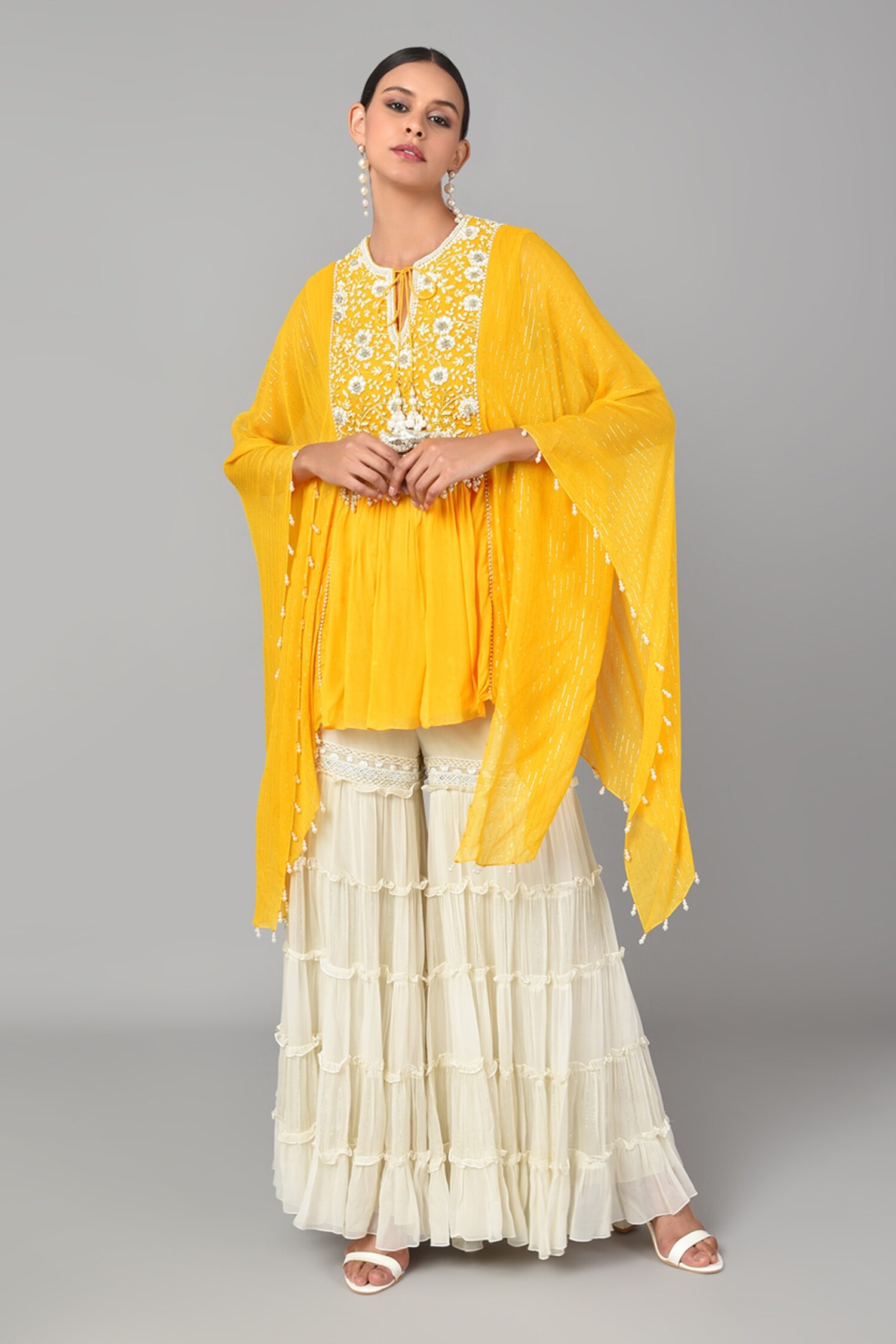 Buy Yellow Georgette Embroidered Bugle Beads Round Tunic And Sharara ...