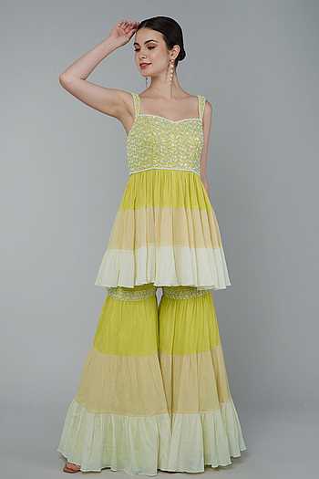 Buy Keith Gomes Yellow Cotton Chiffon Embroidered Peplum Top And ...