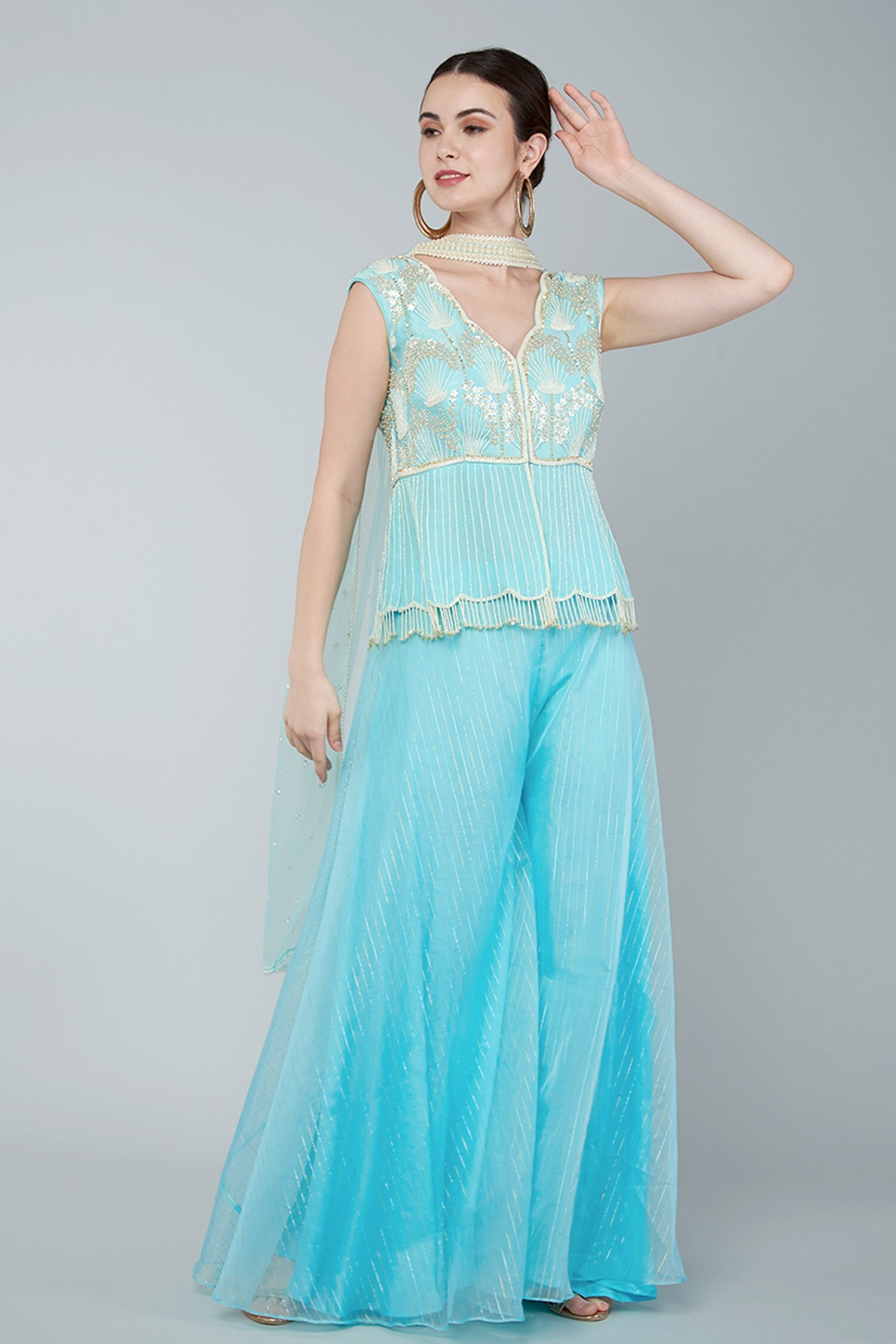 Buy Keith Gomes Blue Georgette Embellished Peplum Top Palazzo Set ...