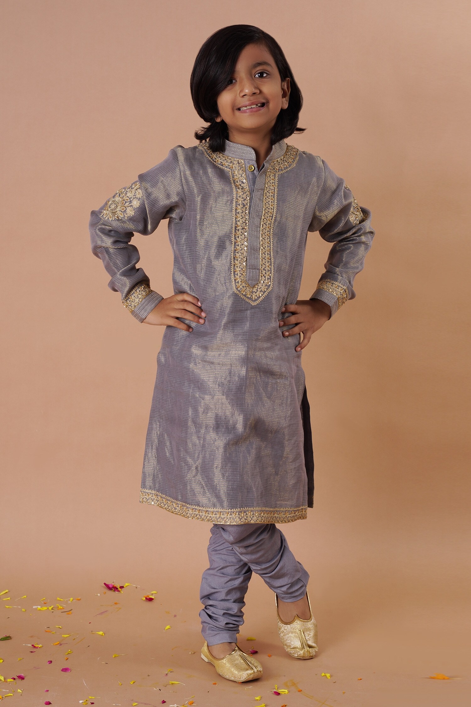Buy Grey Chanderi Handloom( 50% Silk Embroidery Aari Kurta And Churidar ...