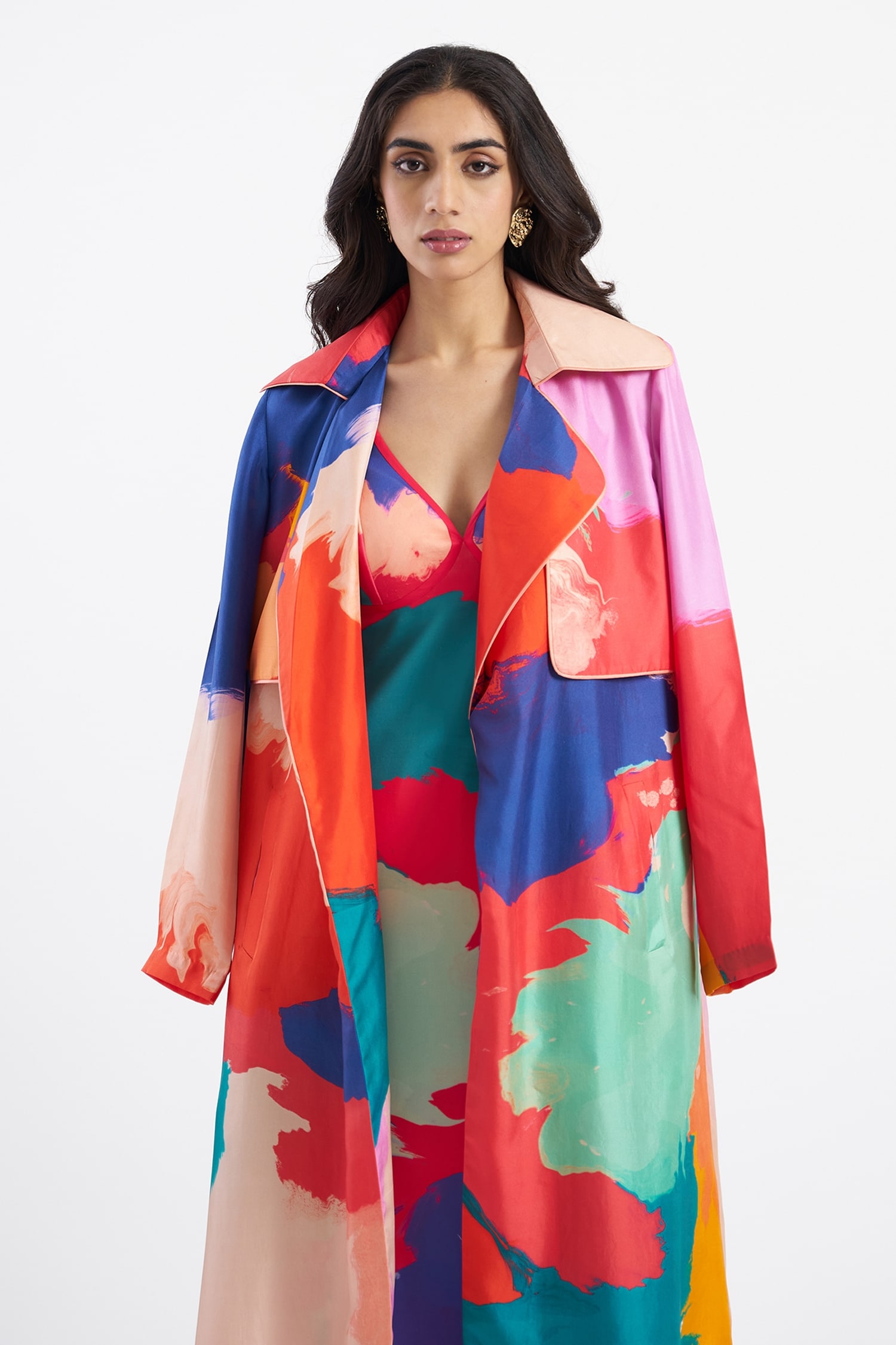 Buy Kshitij Jalori Multi Color Silk Twill Marble Print Trench Jacket ...