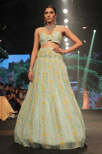 Buy Keerthi Kadire Green Raw Silk Applique Pleated Lehenga And Blouse ...
