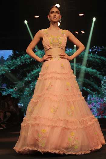 Buy Keerthi Kadire Peach Net Chiffon Frill Lehenga And Draped Blouse ...